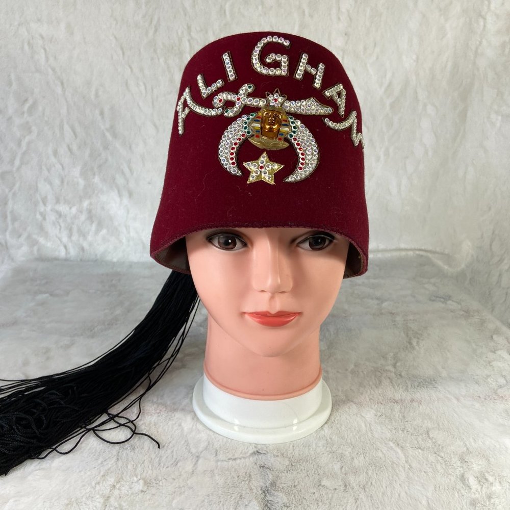 Vintage Ali Ghan Shriners Fez Cap Masonic Jeweled Hat - Gem